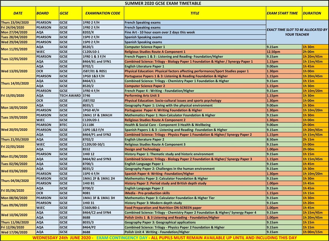Summer 2020 GCSE exam timetable | Mount Carmel Roman Catholic High School
