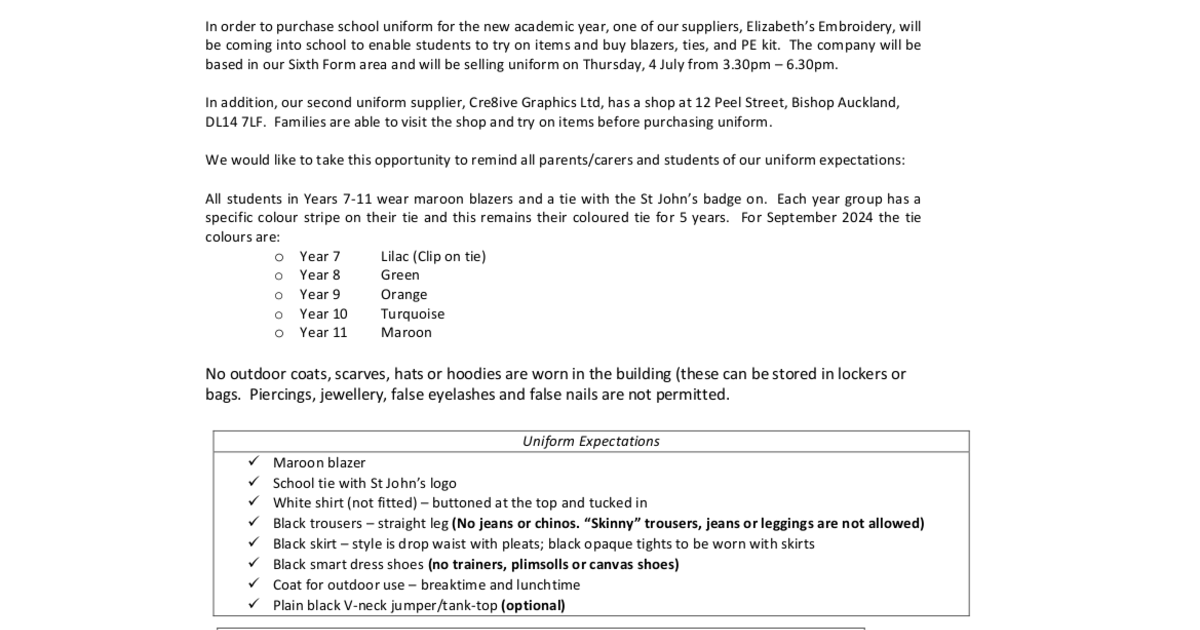 Uniform Letter - June 2024 | St John's Catholic School & Sixth Form College